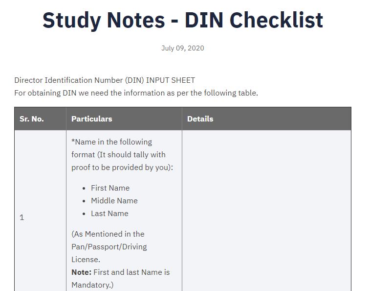 Study Notes - DIN Checklist - Mangalam Placement